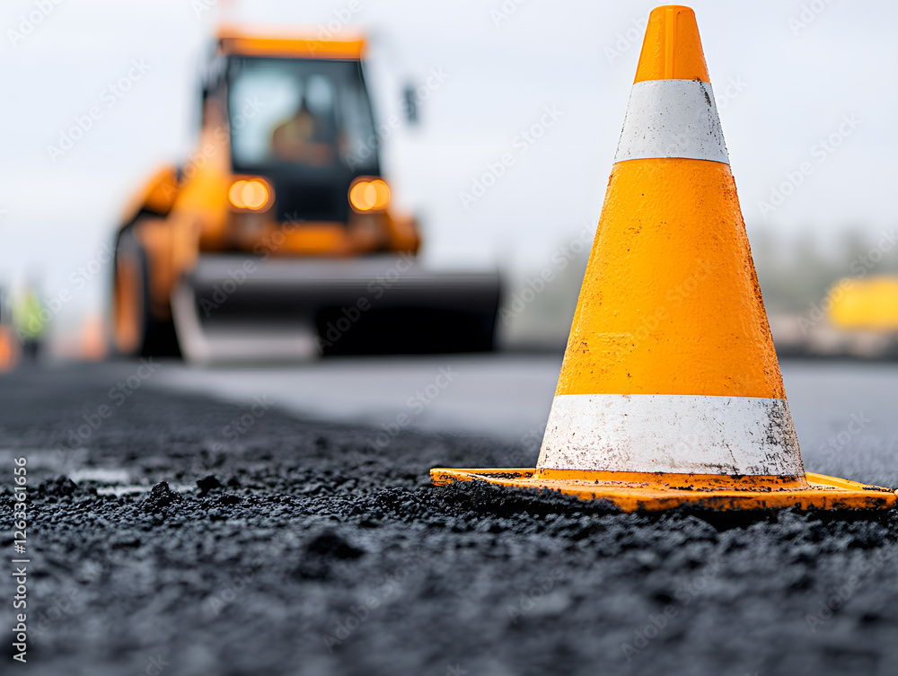 Road Work Ahead: Traffic cone marks construction zone with paving ...