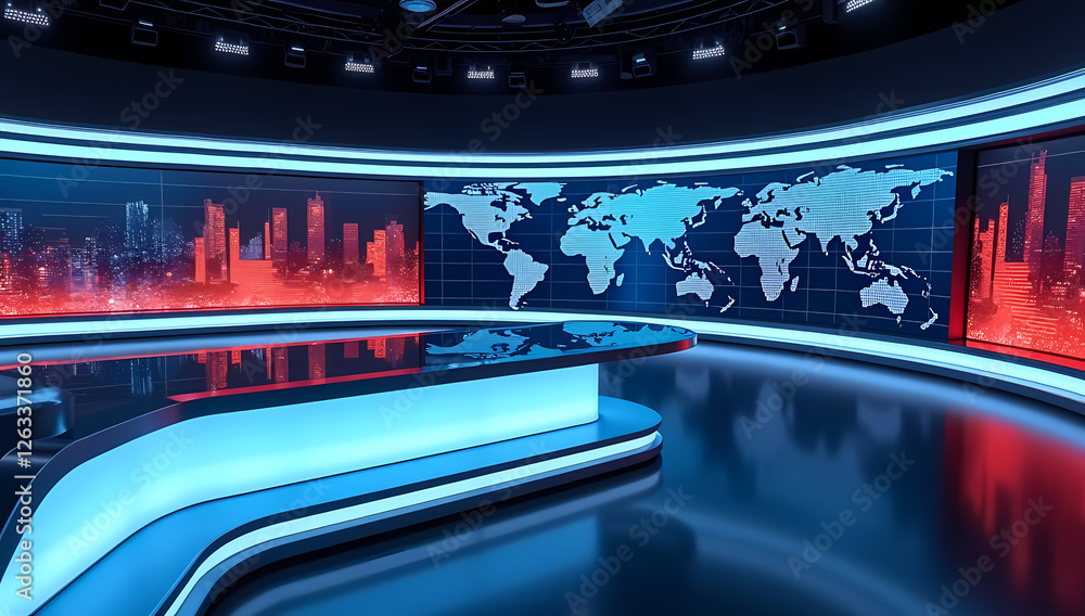 Modern News Studio Background with High-Tech LED Screens and Digital World Map Stock Photo ...