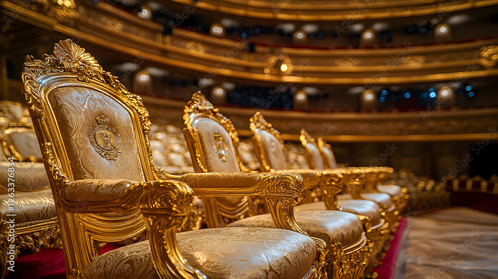 Luxurious theatre seating. Golden, ornate chairs line the balcony ...