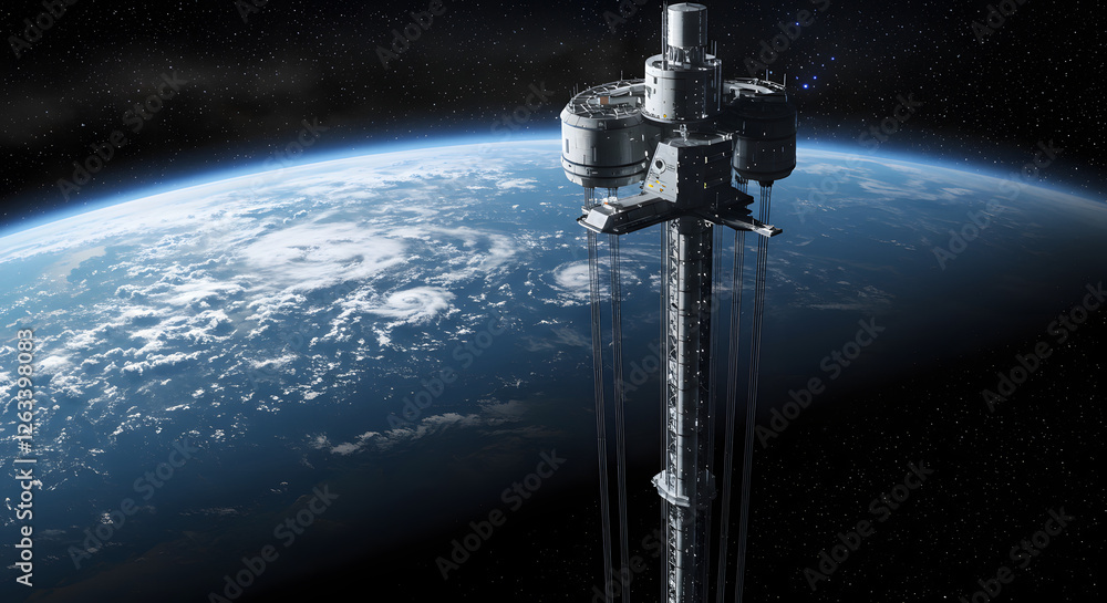 Futuristic space elevator station orbiting earth stunning view of ...