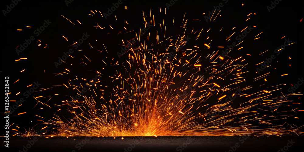 Particle sparks erupting from fiery explosion dark background high ...
