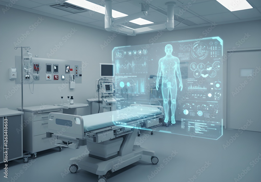 Futuristic medical room with holographic human body display. Advanced ...