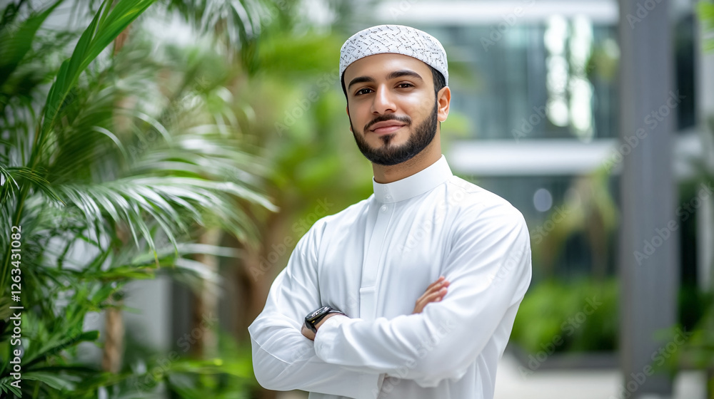 Arabian man wearing Emirati Kandora traditional clothing in the office ...