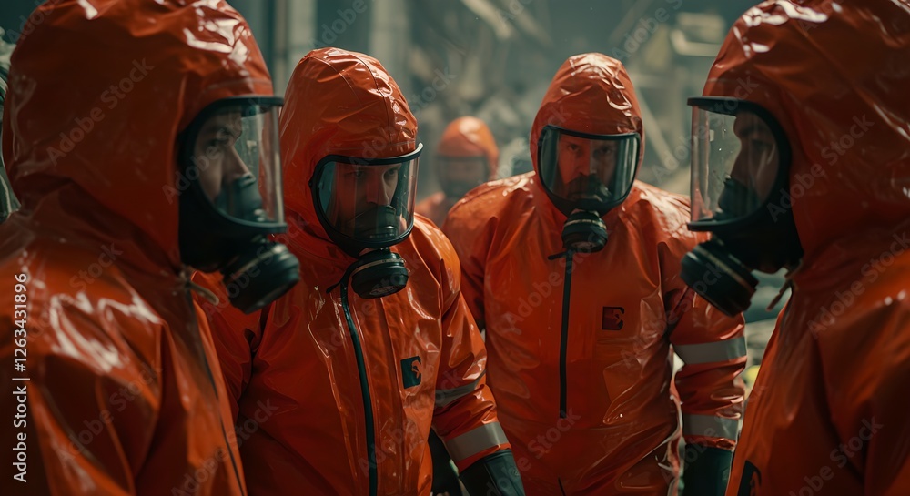 Hazmat team in orange protective suits responding to chemical emergency ...