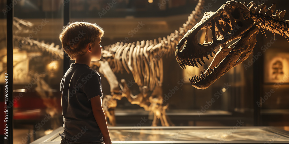 Child looking at the skeleton of an ancient dinosaur in the museum of ...