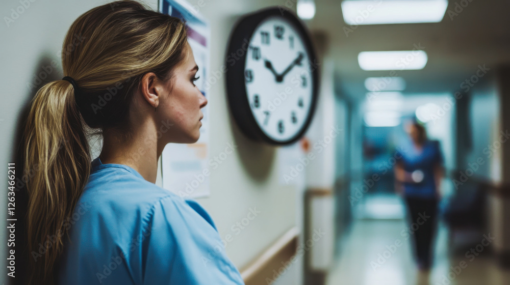 Nurse reflects on a long shift while waiting for patient updates in a ...