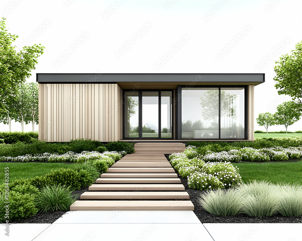 Modern home exterior with pathway for real estate ads, showcase, and ...