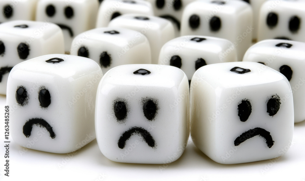Cute white dice with sad face expressions lined up in a playful ...