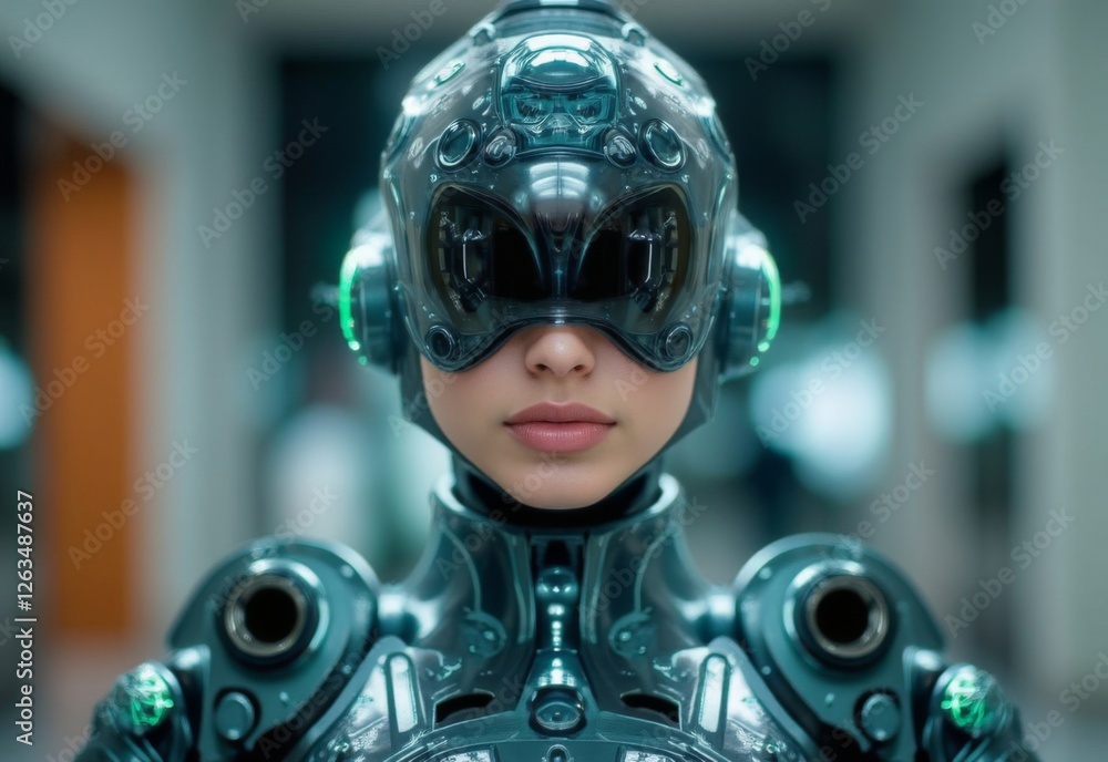 Futuristic female cyborg with a sleek armored suit and a high-tech ...