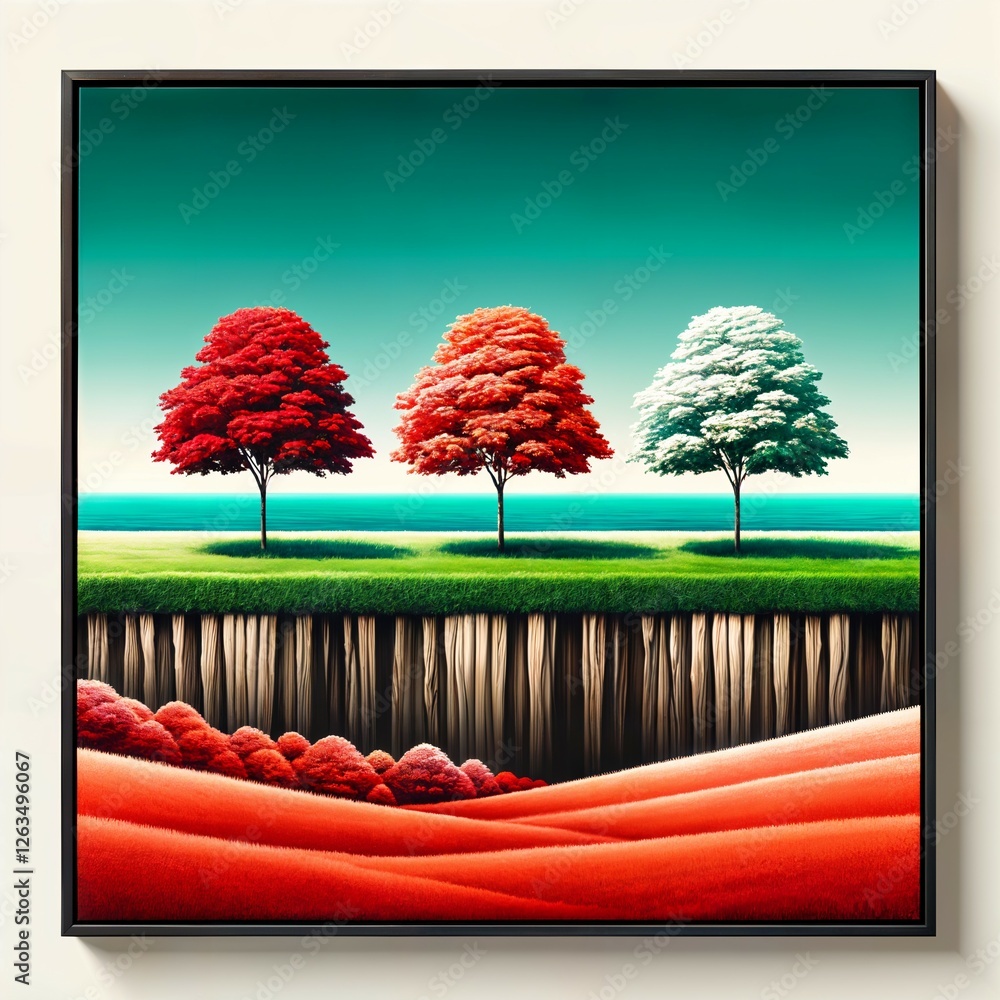 Three vibrantly colored trees in shades of red and white stand in a ...