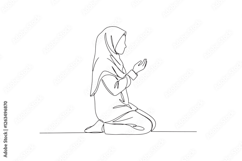 One-line drawing style, a simple line art of a Muslim girl praying on ...