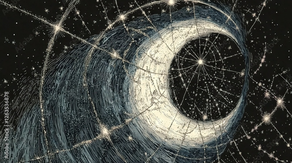Drawing of a crescent moon in the dark sky with shining stars overhead ...