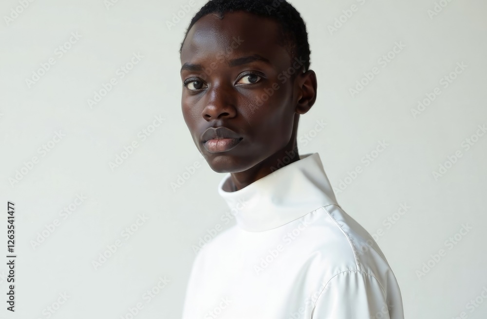 Modeling concept. Fashion photo shoot of a black model in white clothes ...