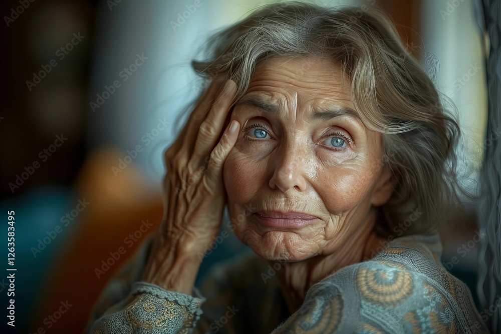 Senior woman touching her face with a pained expression, showcasing the ...