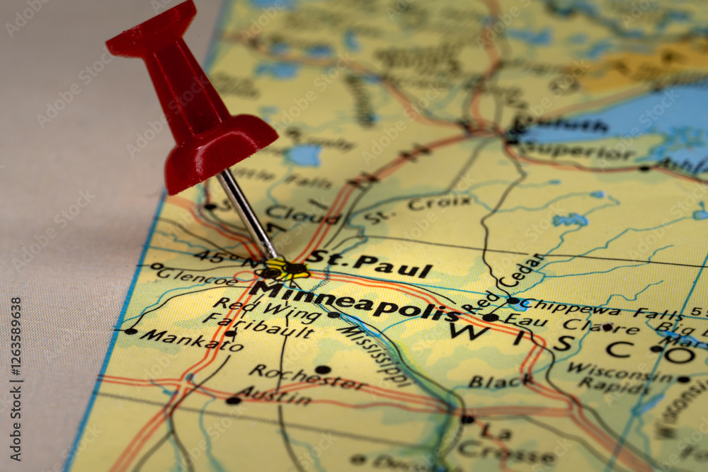 Fotografie Tourist map of Minnesota with a red pin stuck in next to ...