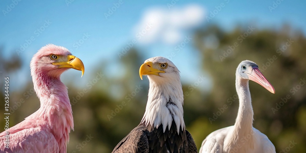 Pink vulture, bald eagle, white crane. Sunny day. Wildlife sanctuary ...