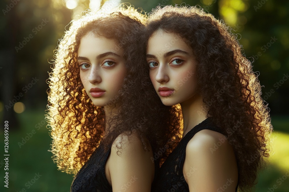 Twin sisters with curly hair posing together in a sunlit outdoor ...