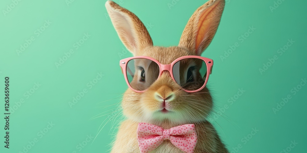 Rabbit wearing sunglasses and a bow tie poses against a solid teal ...