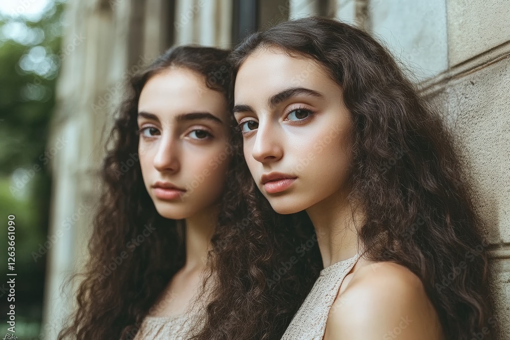 Twin sisters with long curly hair posing together in a serene outdoor ...