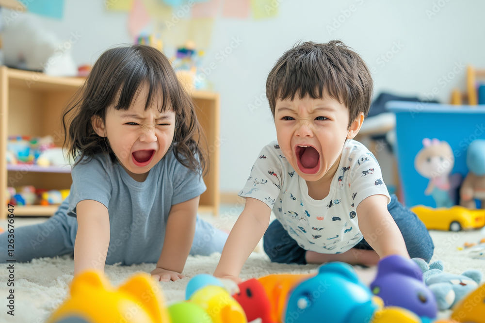 Little kids are fighting in the children's room at home. The ...