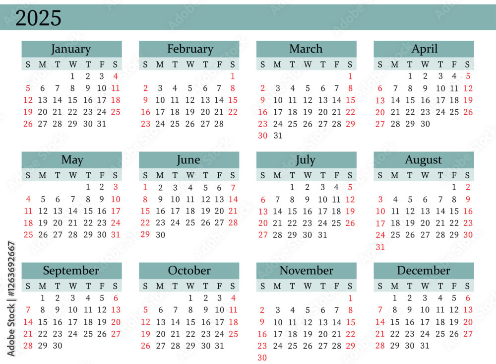 2025 Yearly Calendar Vector in Blue, Sunday Start, Clean Design ...