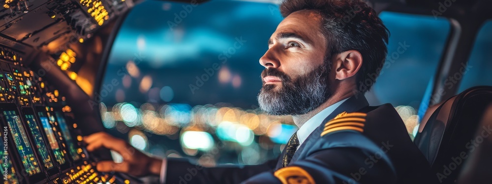Airline pilot in uniform sitting in the cockpit, focused on flight ...