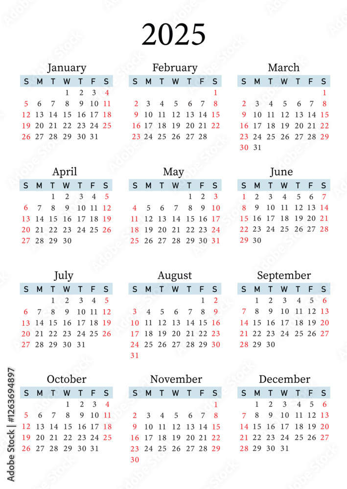2025 Yearly Calendar Vector Vertical, Sunday Start, Clean Design ...