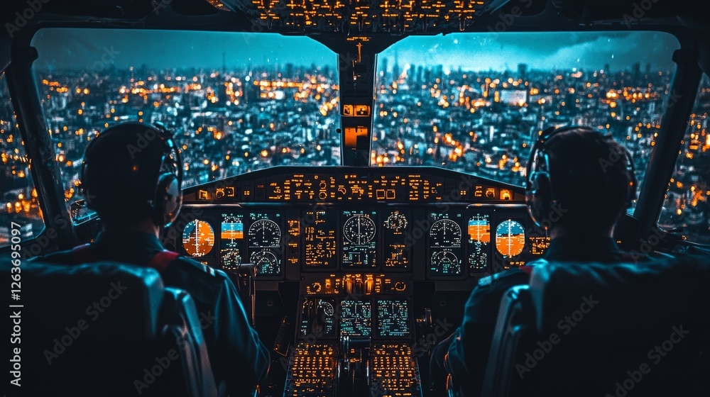 Airline pilot in uniform sitting in the cockpit, focused on flight ...