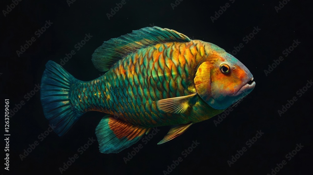 A rainbow parrotfish with a remora fish on a black background Blue ...
