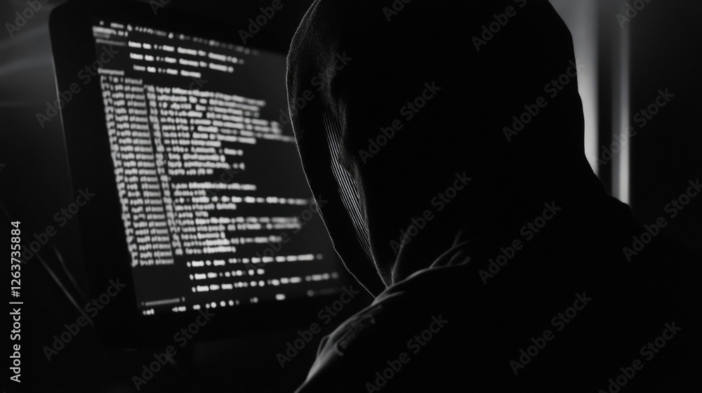 The low light highlights the sharp angles of a hooded figures face ...