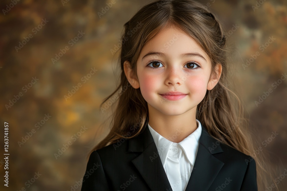Young girl in formal attire poses for a portrait with a soft background ...