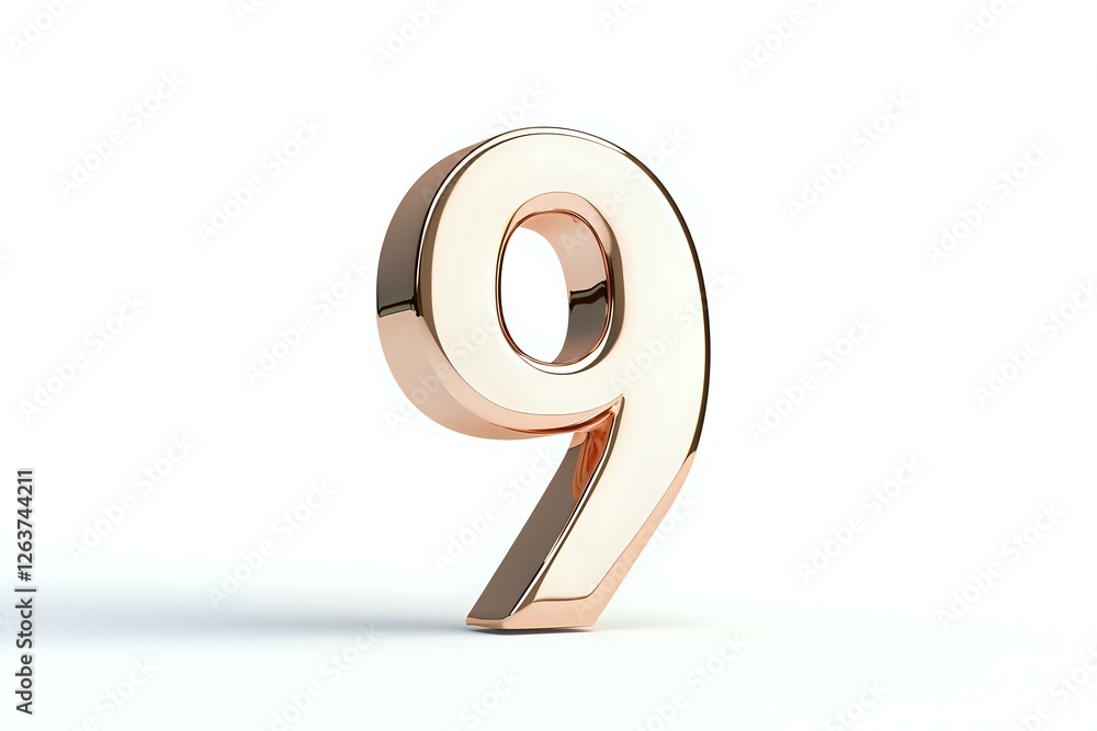 Metallic rose gold number nine on white background, dimensional numeral ...