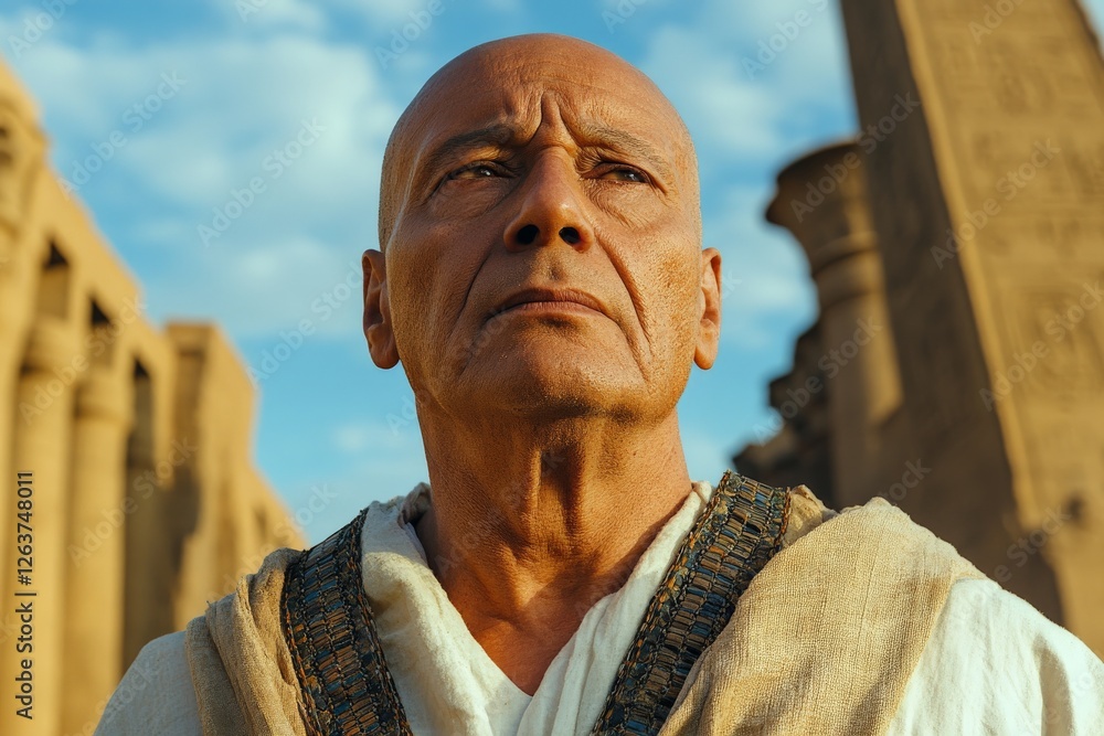 Dramatic portrayal of a ruler standing among ancient Egyptian ruins ...