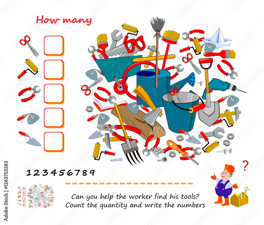 Math education for children. Can you help the worker find his tools ...
