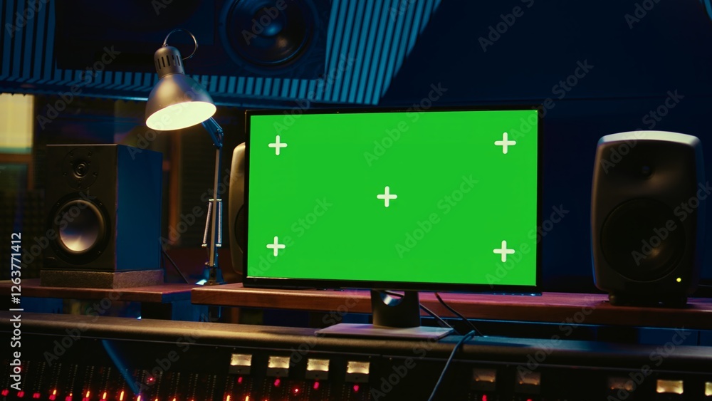 Control room with greenscreen running on computer next to buttons and ...