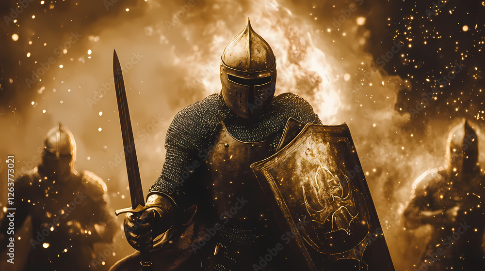 Armies of medieval knights fighting with swords, medieval knight in armor and shield. generative ...