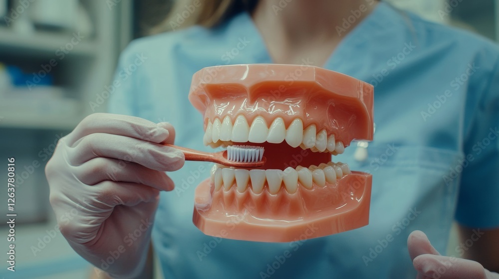 Dental professional demonstrates proper brushing technique using a ...