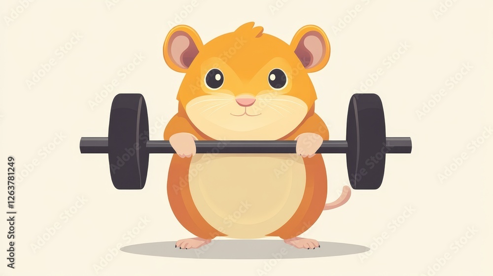 Cute cartoon hamster lifting weights in a colorful gym environment ...