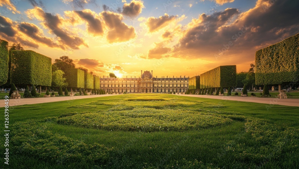 Glorious sunset casts a golden hue over parisian gardens and the iconic ...