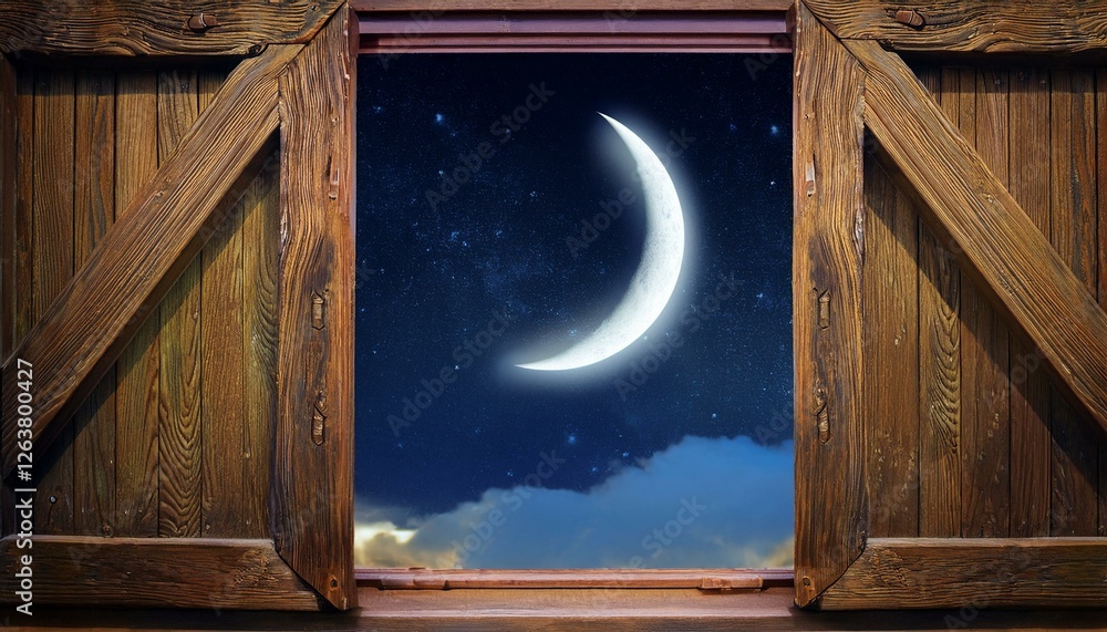 Generated imagMystical window with crescent moon in night skye Stock ...