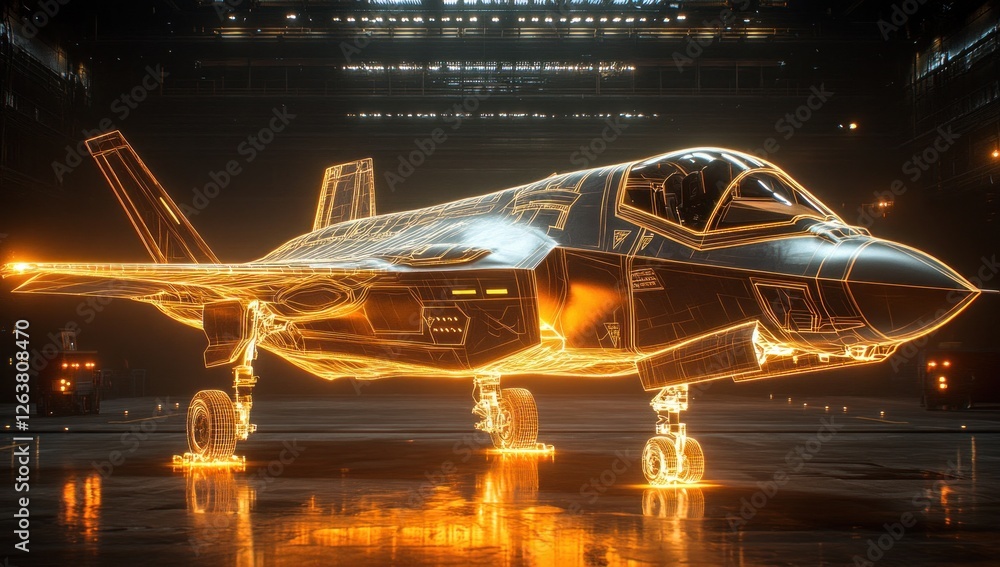 Futuristic jet fighter detailed schematic rendering with golden glowing ...