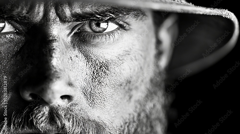 Portrait of a miner with a thick beard and worn hat, dirt-streaked face ...