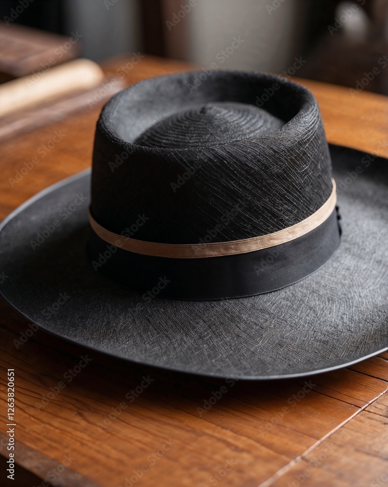 Ultra-realistic close-up shot of a traditional Korean gat, a black ...