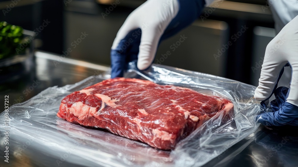 Preparing high-quality beef for sous vide cooking in a professional ...