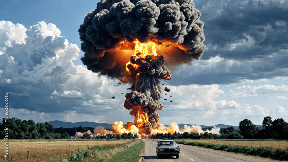 Massive colossal explosion in rural road landscape with fire and smoke ...