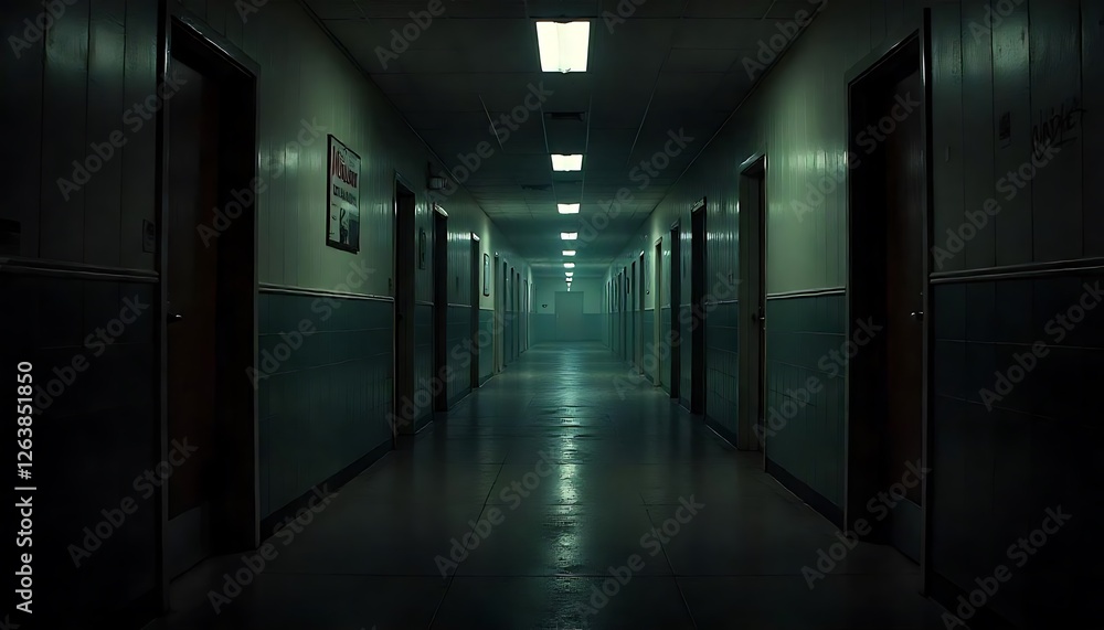 Mysterious flickering lights haunt abandoned school hallway eerie atmosphere photo dark setting ...