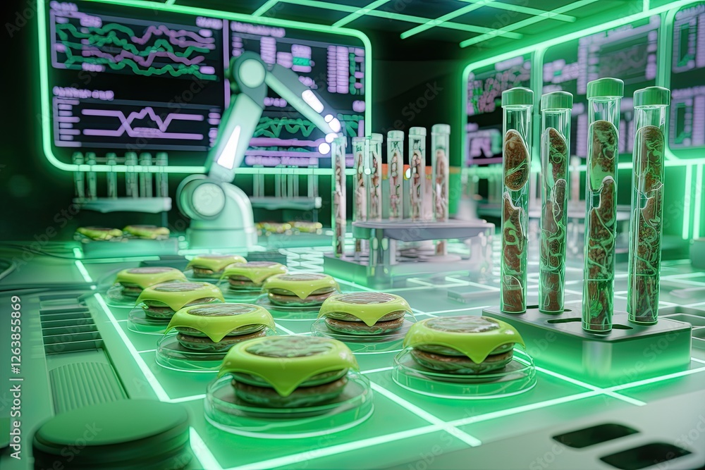 Futuristic laboratory with test tube meat samples and genetically ...