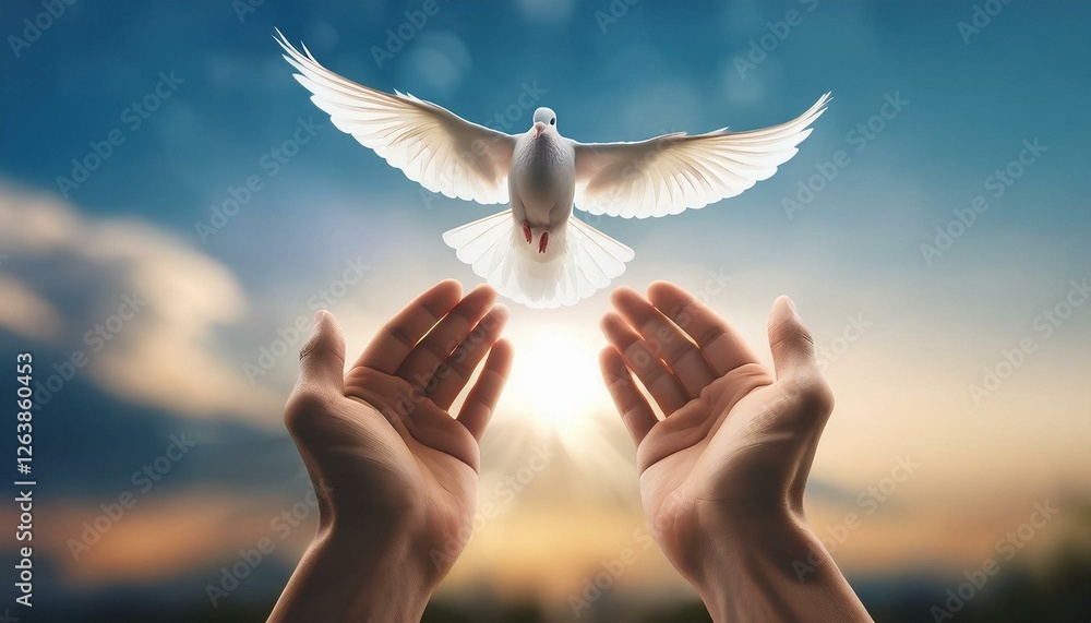 Praying hands and white dove flying happily on blurred background with ...