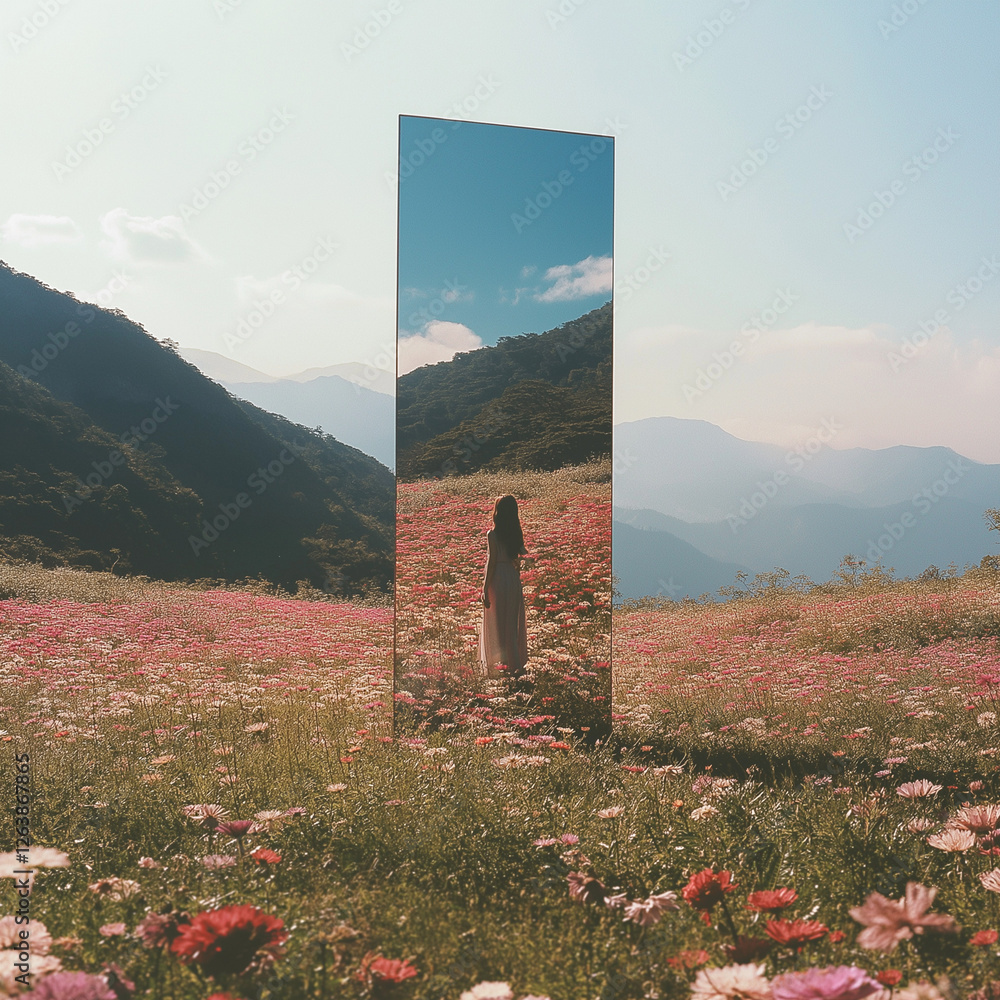Surreal Model Walking Through Flower Field into a Mirror Room Stock ...