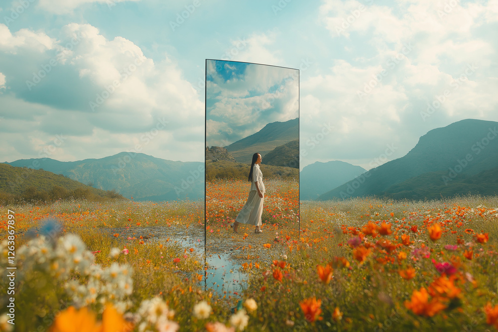 Surreal Model Walking Through Flower Field into a Mirror Room Stock ...